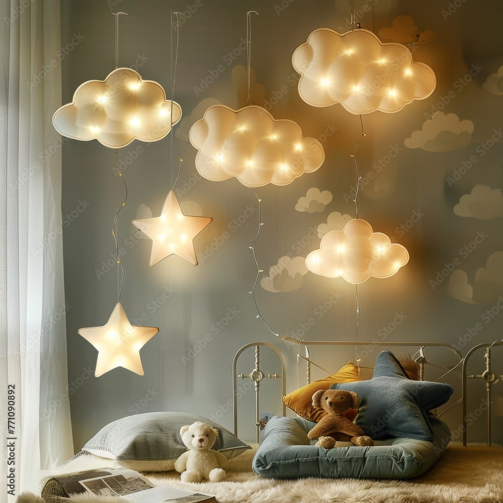 Hang whimsical pendant lights or string lights in fun shapes like ...
