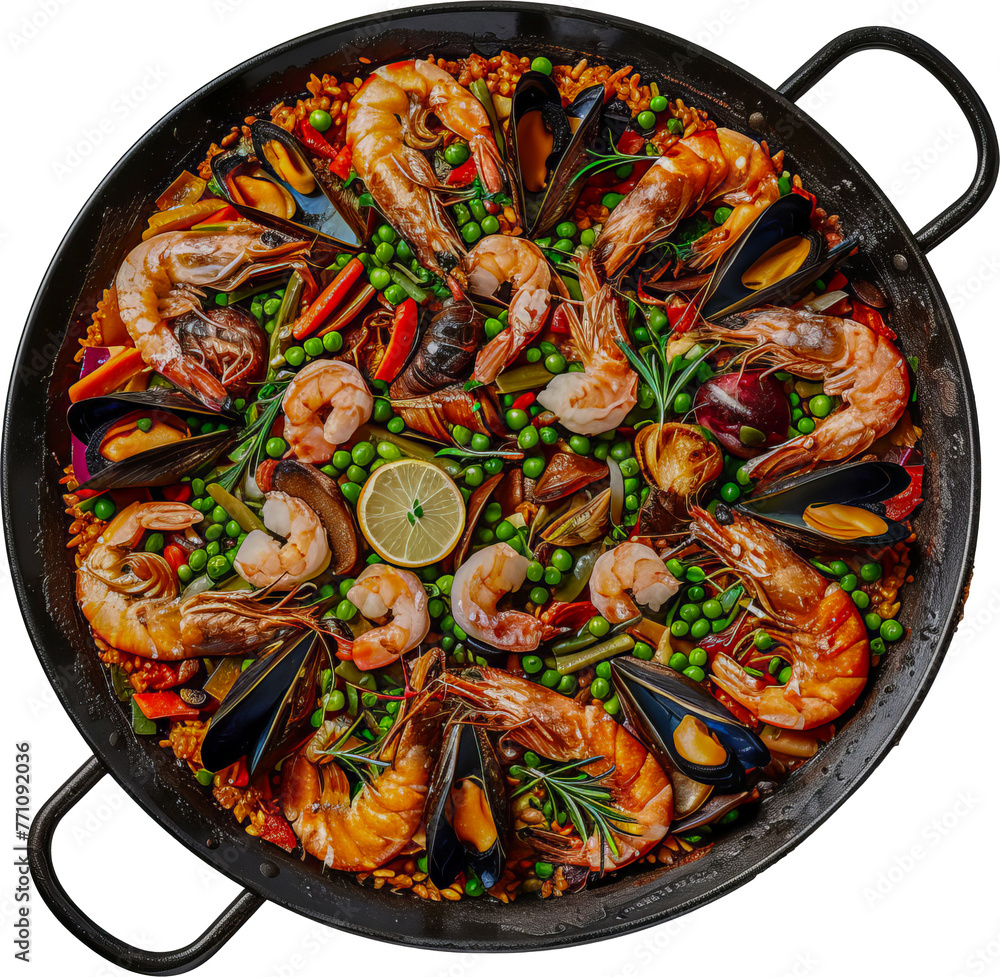 Seafood paella with mussels and shrimp in traditional pan cut out on ...