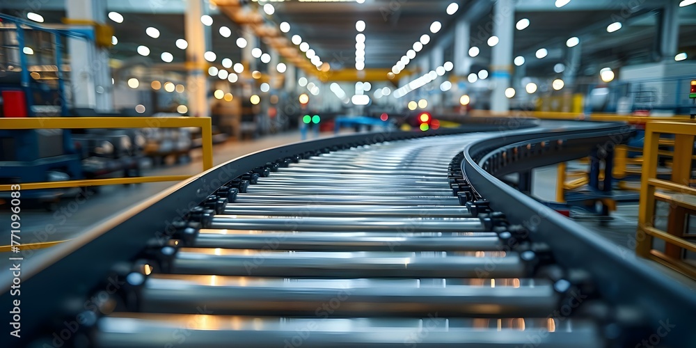 Roller conveyor transporting objects in a production line. Concept ...