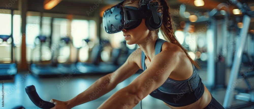Virtual Fitness person wearing a VR headset while exercising on a ...