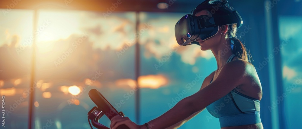 Virtual Fitness person wearing a VR headset while exercising on a ...