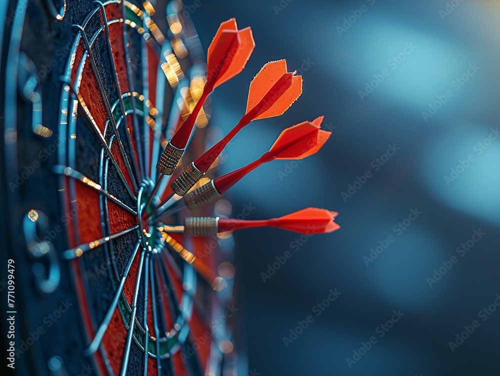 Hit the bullseye of success with a Close-up shot of red darts arrows ...