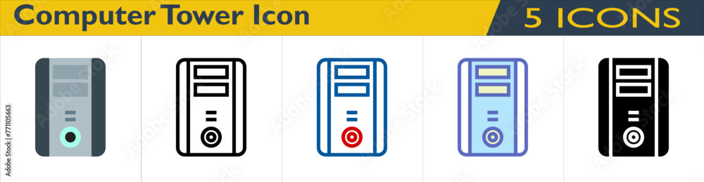 Computer Tower icon with 5 styles (outline, color lineal, color outline ...