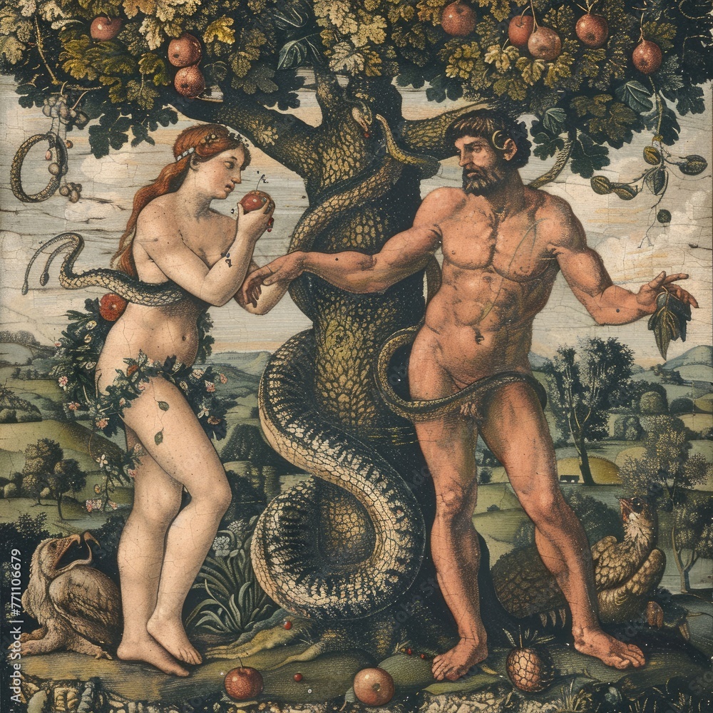 The fall of Adam and Eve, genesis narrative, delving into the biblical original sin, paradise ...