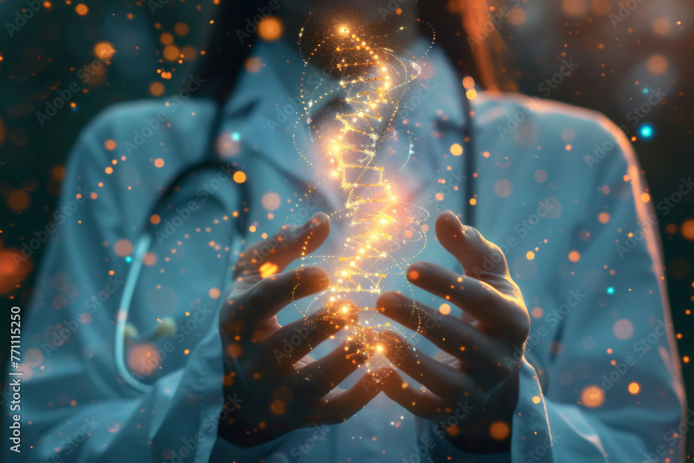 A glowing, holographic dna is cradled in the hands of a person in a ...