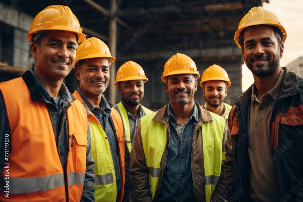 group of construction workers wearing hats and safety suits at ...