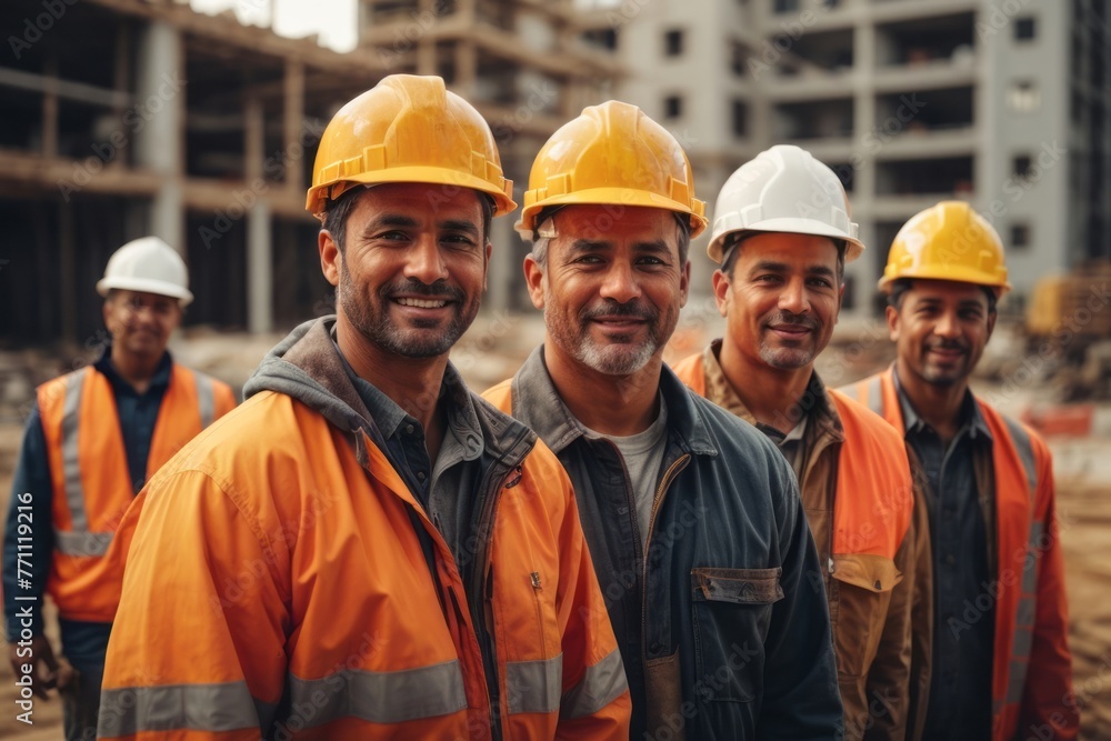 group of construction workers wearing hats and safety suits at ...