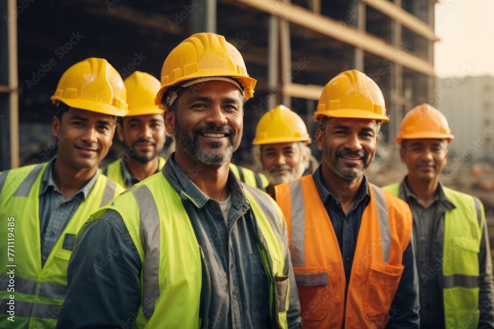 group of construction workers wearing hats and safety suits at ...