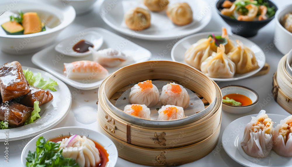 Assorted Dim Sum Selection in Traditional Bamboo Steamers, Featuring a ...