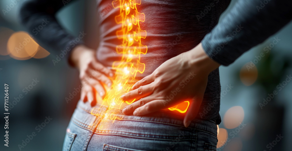 Woman Experiencing Lower Back Pain Depicted with Glowing Red Outline ...
