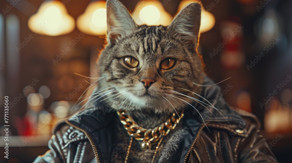 A cool cat in a jacket and a gold chain, Super realistic cat, Printing ...