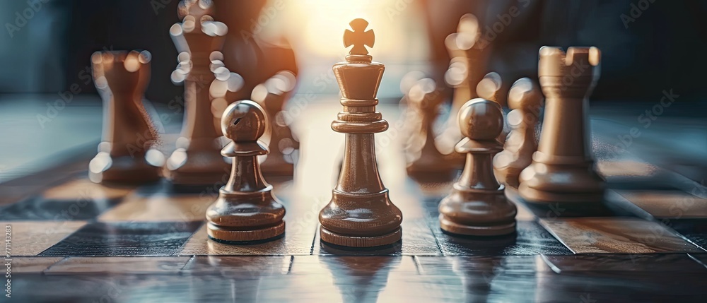 A detailed shot of a chessboard with chess pieces strategically ...