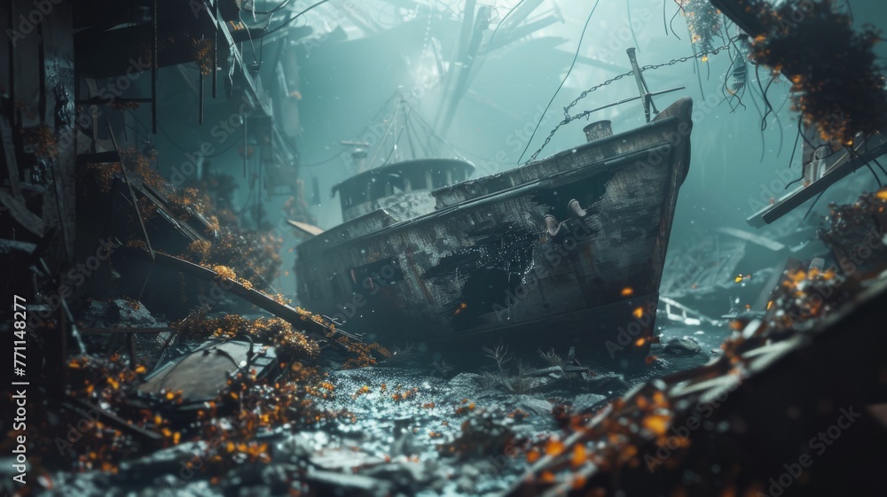 Sunken ship in underwater scenery with light rays - A post-apocalyptic ...