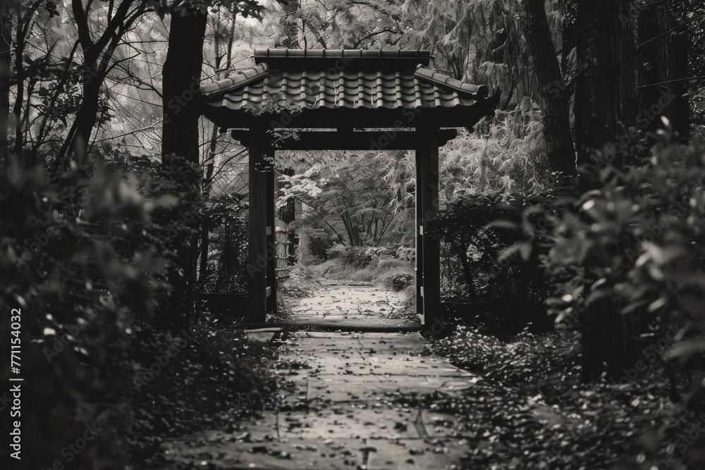 Monochrome traditional Japanese gate and path - Captivating black and ...