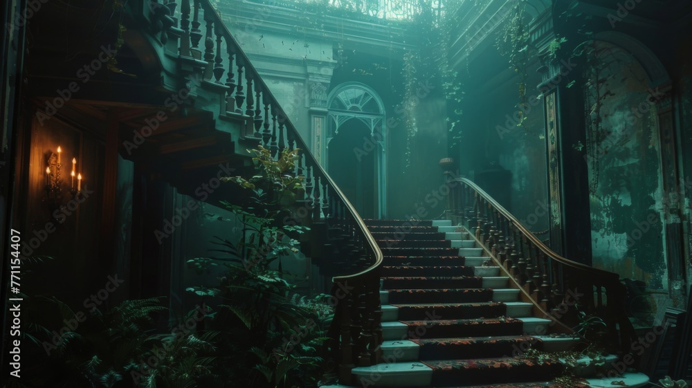 Mysterious old mansion with a grand staircase - An eerie, desolate ... Mysterious old mansion with a grand staircase - An eerie, desolate ...