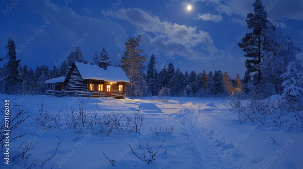 A lone cabin stands in a clearing the pale moonlight seeping through ...