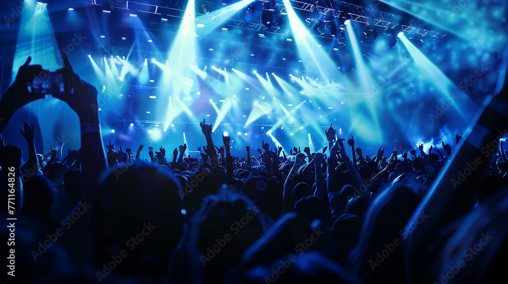 A lively and electrifying crowd of people at a concert, arms raised in ...