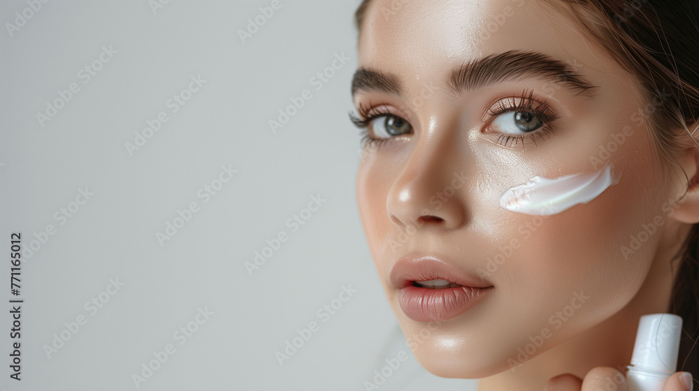 A woman carefully applies foundation cream to her face, creating a ...