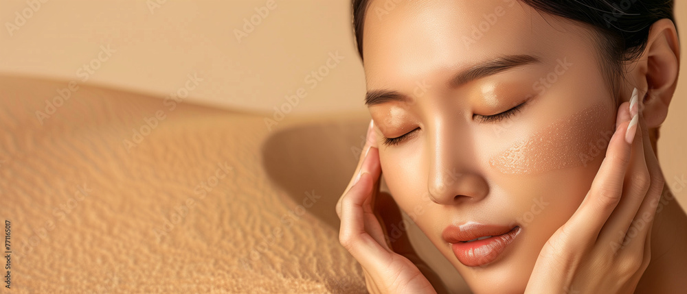 Beautiful young asian woman with clean fresh skin on beige background, Face care, Facial ...