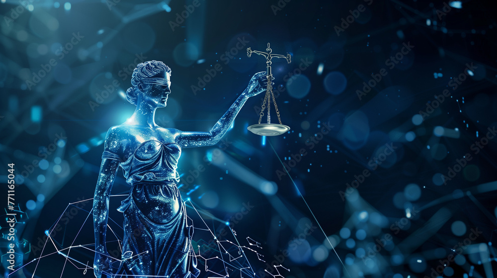A regal statue of Lady Justice holding a scale of justice, AI ethics ...