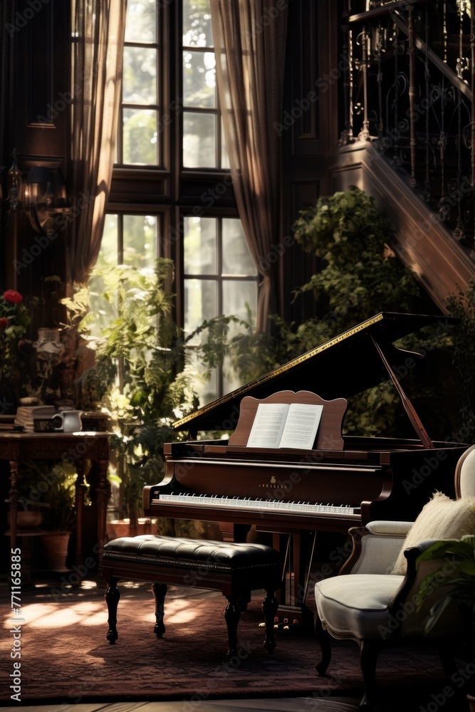 An atmospheric scene of a cozy music room featuring a grand piano and ...
