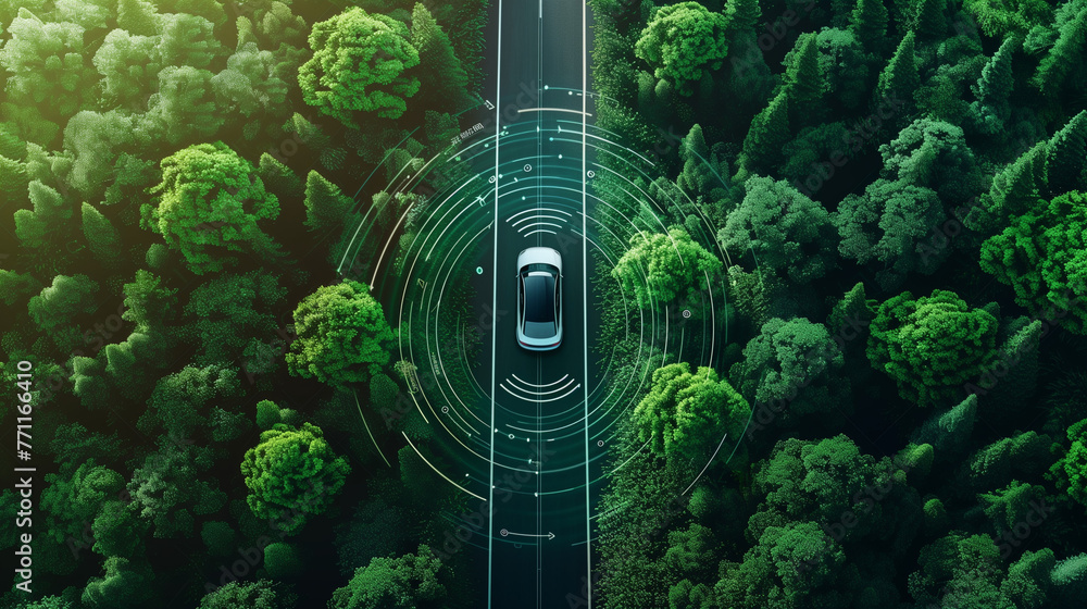An aerial view captures a car peacefully driving through lush green ...