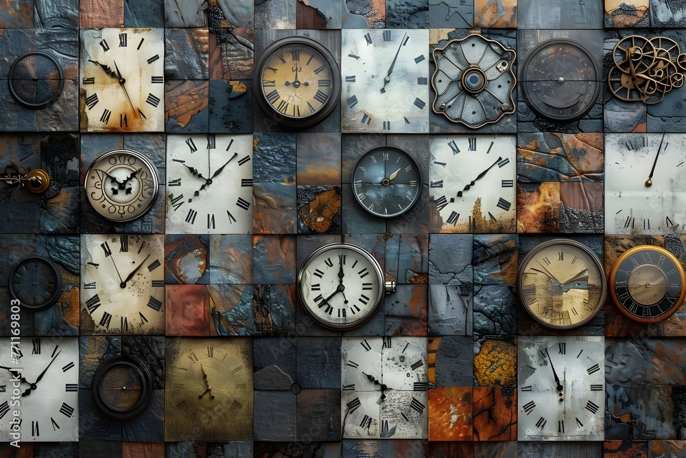 Timeless Mosaic:A Collage of Vintage Clocks Blending Past and Future in ...