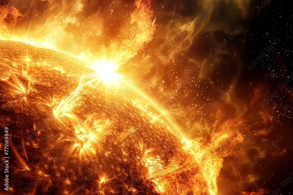 Surface of the sun with solar flares, bright star plasma heat and light ...