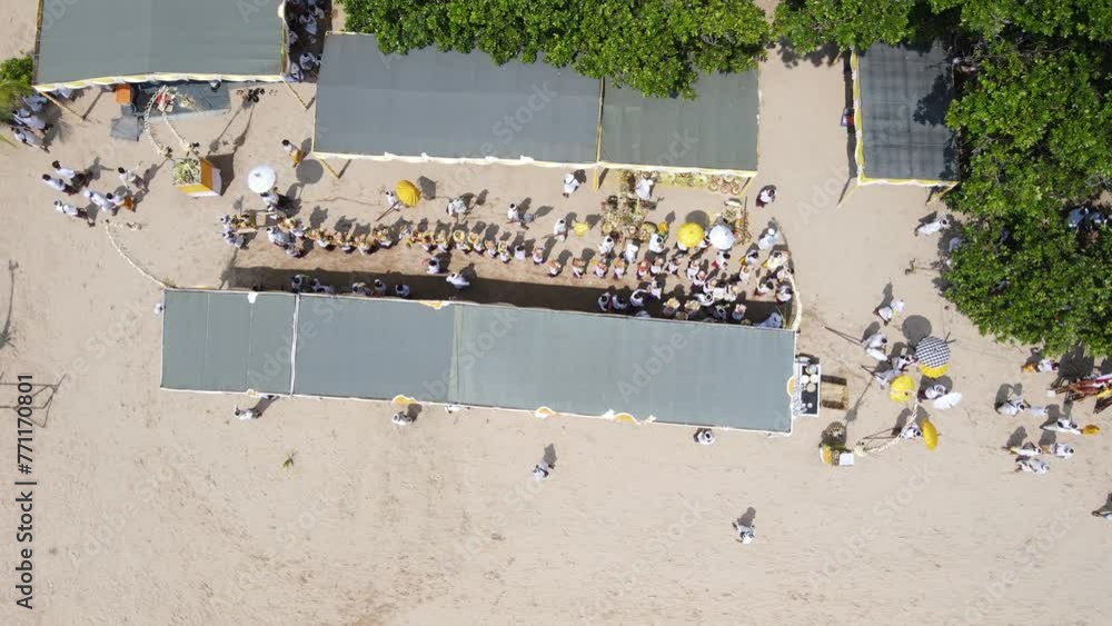 Aerial view, procession on Samuh beach during the Melasti ceremony ...