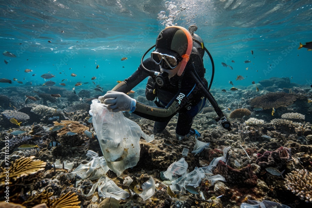 Diver collecting plastic waste underwater to save coral reefs, Concept ...