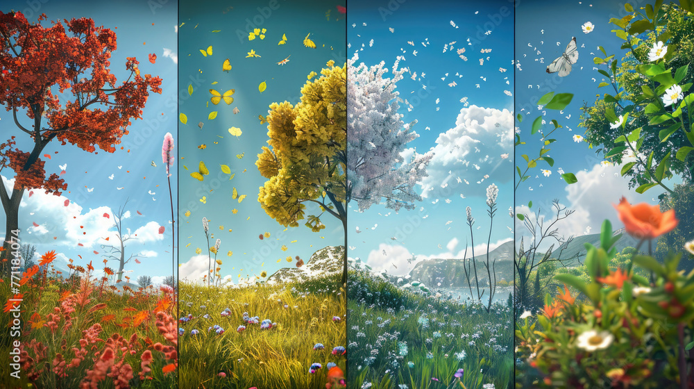 Dynamic 3D cartoon depicting the four seasons with corresponding ...