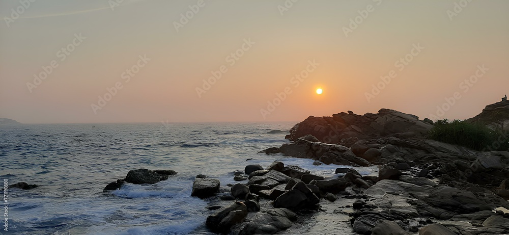 Sand beach among rocks on evening sunset. Ursa Beach near Cape Roca ...
