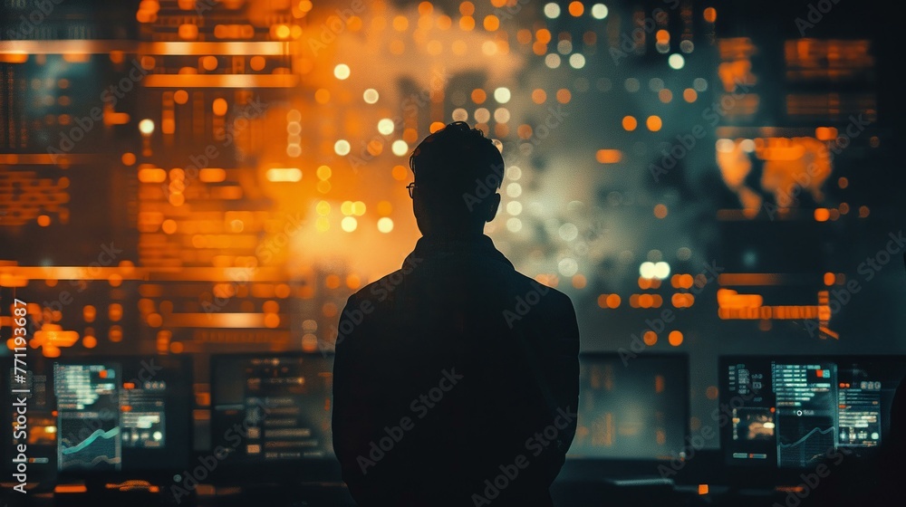Silhouette of a hacker with a dynamic cybersecurity data interface ...