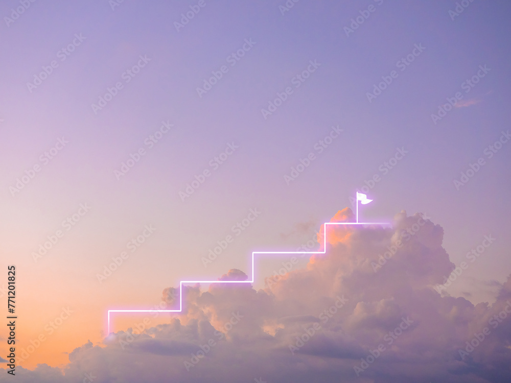 Glowing graph steps neon line rise to the top at flag icon, on blue and ...