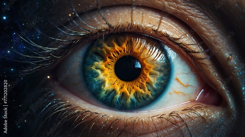 Ethereal illustration of a human eye, with the iris revealing a galaxy ...