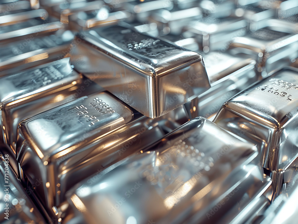 Silver bars stacked with precision, reflecting a soft light, Stock ...