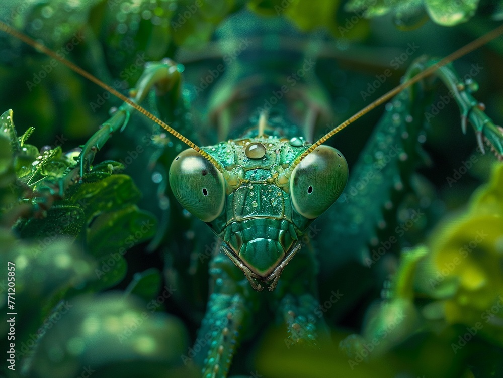 Green Guardian A detailed portrait of a praying mantis, showcasing the ...