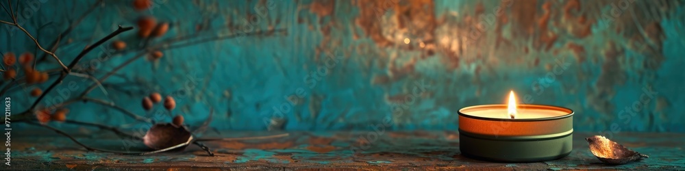 the ethereal glow of a soy candle nestled within a metallic tin, its ...