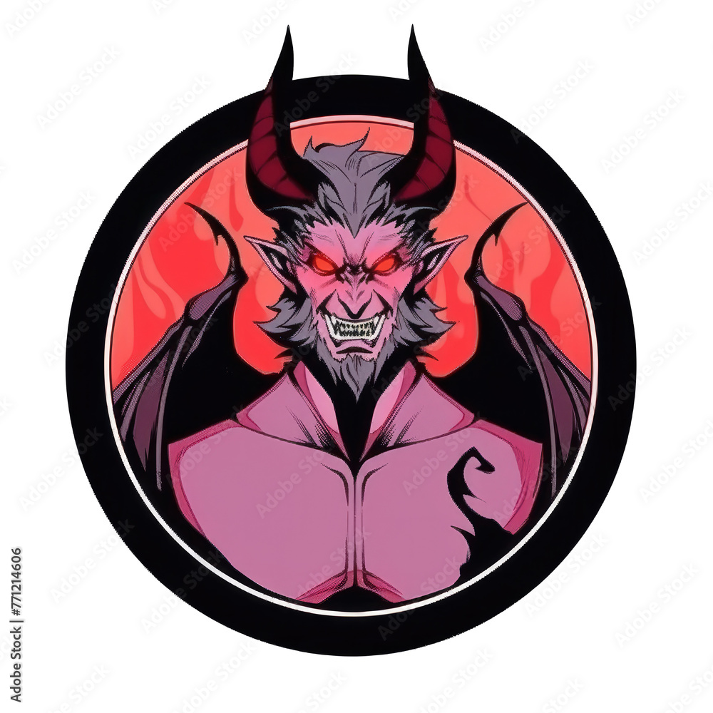 An illustration of the demon Azazel smiling with red eyes within a ...