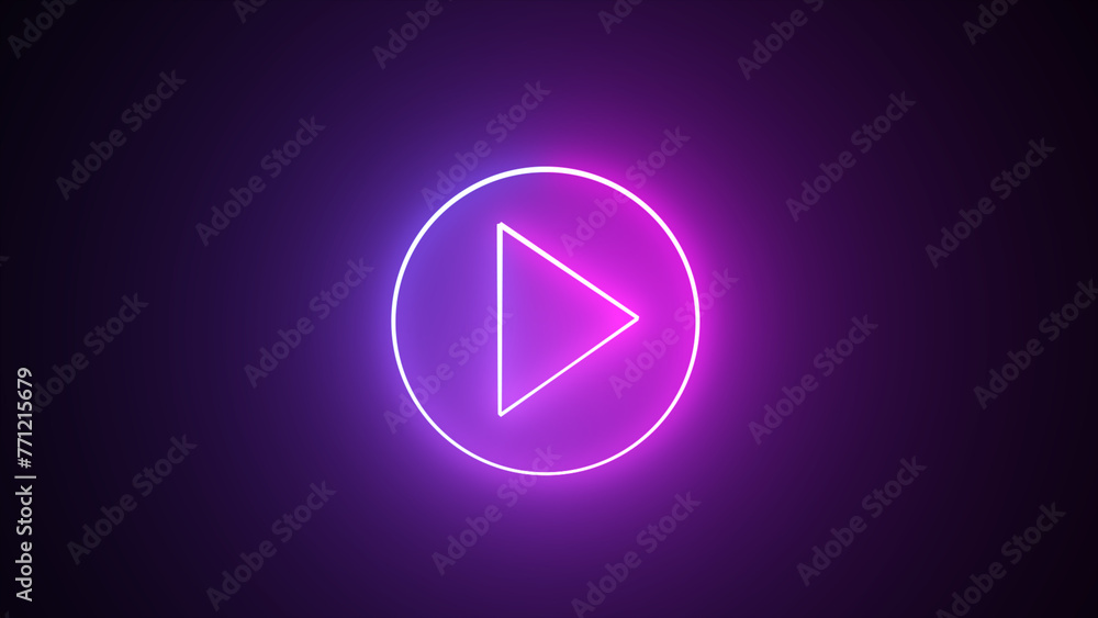 Neon purple glowing play button on black background. Play button icon ...