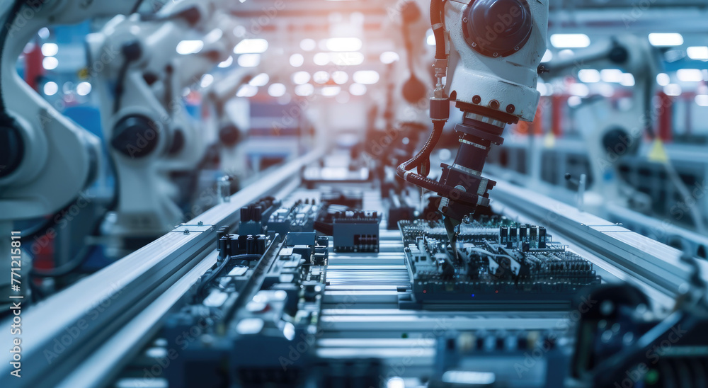 A photo of an advanced technology production line with robotic arms ...