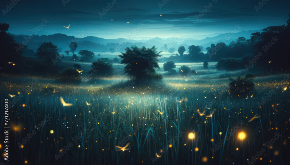 Magical firefly lights in twilight meadow. Digital art with mystical ...