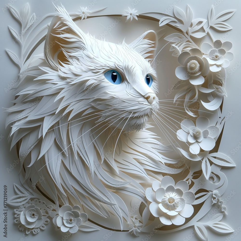 Paper cut white fluffy cat head with blue eyes on white background with ...