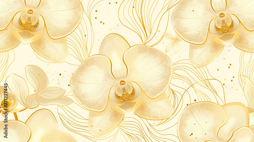 Luxury orchid seamless pattern background vector. Golden orchid line ...