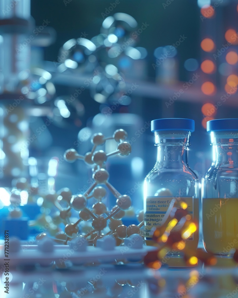 Closeup of neonatal drug development, detailed molecular models beside ...