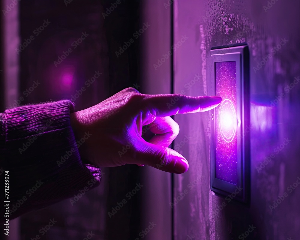 A hand touches a violet button, inadvertently setting off an ...