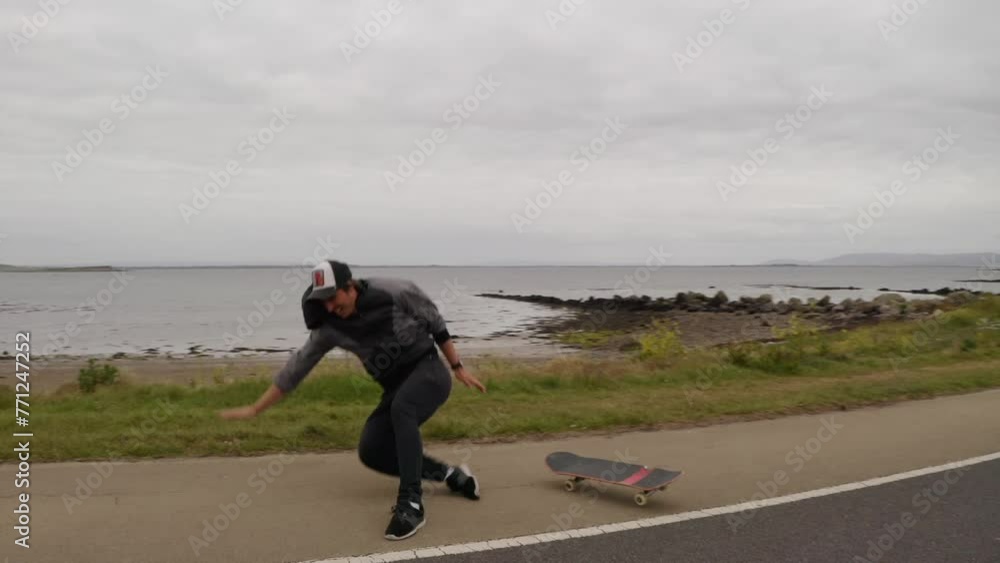 Smooth camera motion captures a failed ollie flip attempt resulting in ...