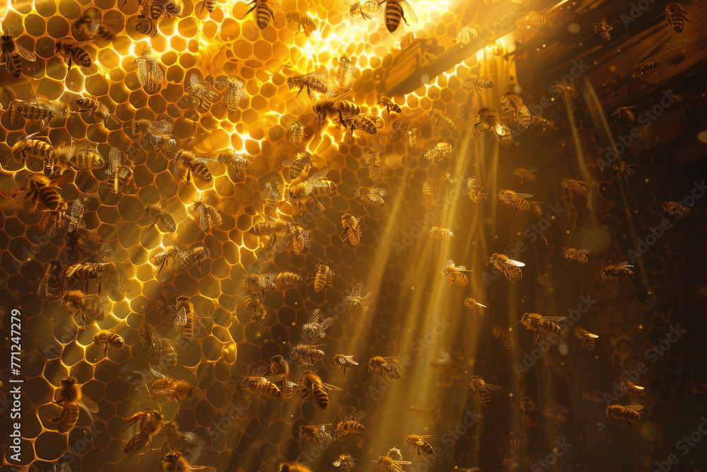 Visualize the interior of a beehive as a bustling city at dawn, with ...