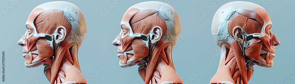 Anatomical render of face muscles during expressions, detailed cross ...