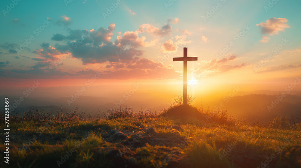 Jesus christ crucifix cross on heaven sunrise concept christmas ...